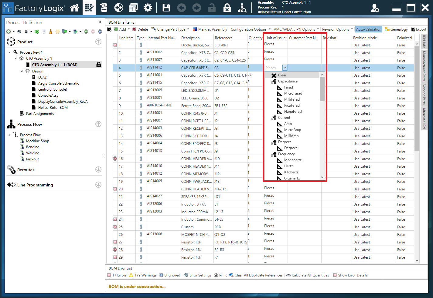 Map a unit of issue to parts in a BOM